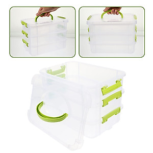 Zerodeko 3-Tiers Stack Carry Storage Box Transparent Stackable Storage Bin Craft Storage Containers Organizer with Handle Lid for Sewing Art Craft Jewelry Beauty Supplies