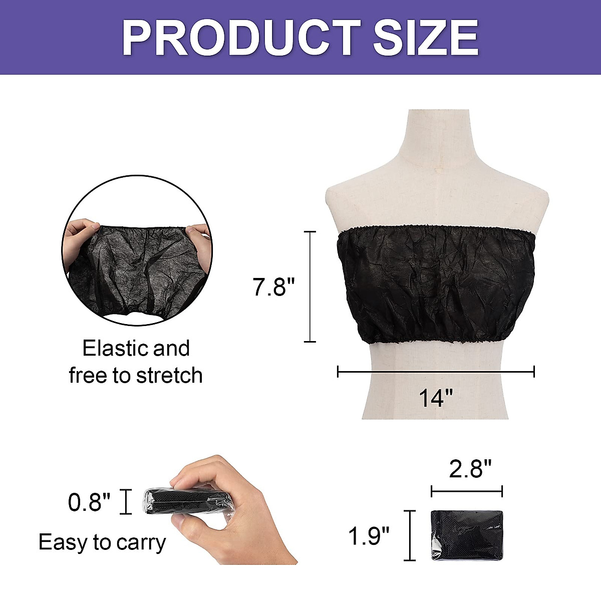 JUNFAN 50 Pack Womens Disposable Vacation Bra Strapless Underwear Individually Wrapped General Size for Beauty Salon, SPA, Spray Tanning Black