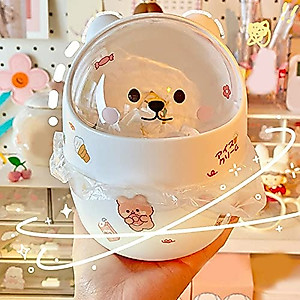 Storage Bucket Desktop with Lid Trash Can Mini Kawaii Cute Bear Trash Bin Storage Box Girl Pen Holder Storage Bucket with Top - White