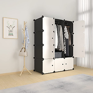 JKWAY DIY 12 Cube Storage Organizer with Doors, Portable Closet Wardrobe 14 in x18 Depth Cubes Clothes Organizer, Cabinet Book Shelf for Bedroom, , Office, Dorm Room (Black/White), (42 x56 )