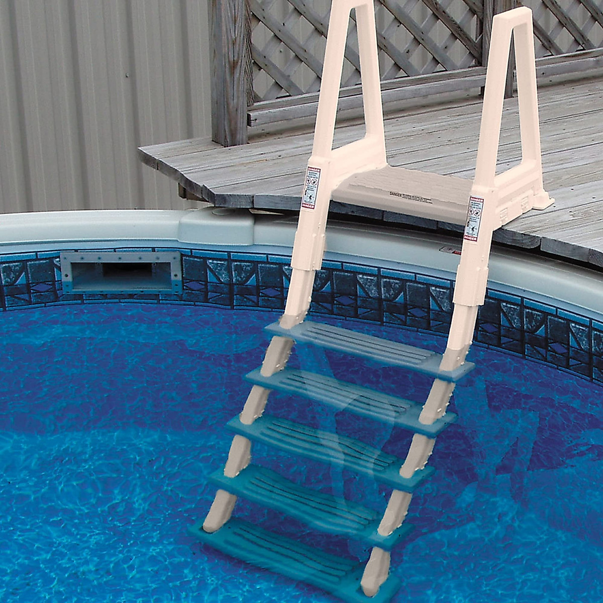Confer Heavy Duty Adjustable Above Ground in Pool Swimming Pool Ladder with Deck Platform, White Side Rails, and Grey Treads, Blue