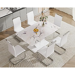 LKTART 63'' Dining Table Faux Marble White Desktop for Kitchen Dining Living Room