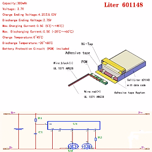 Liter 3.7V 380mAh 601148 Lipo Battery Rechargeable Lithium Polymer ion Battery Pack with Two Lines