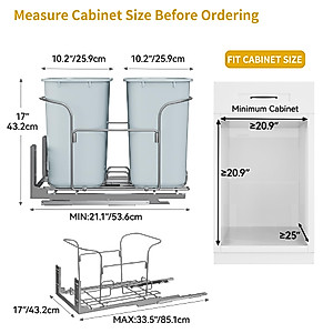 DWVO 27 Quart Pull Out Trash Can for Under Kitchen Cabinets, Double Pull-Out Trash Can for 20.9" W x 25" D x 20.9" H Minimum Cabinets Cabinet Opening, Gray
