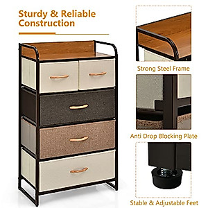 Giantex 5 Drawer Dresser Storage Tower with Fold-able Fabric Drawers, Sturdy Steel Frame & Wooden Top Vertical Organizer Unit for Closets, Bedroom Utility Dresser Chest (23 x 11.5 x 39 inch)
