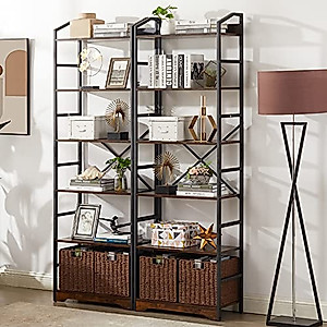 Vagusicc 6 Tier Bookshelf with 2 Storage Baskets, Tall Bookcase Shelf Storage Organizer Wood Book Shelf, Modern Shelf Rack Shelves with Steel Frame, Multipurpose Bookshelf for Bedroom Living Room