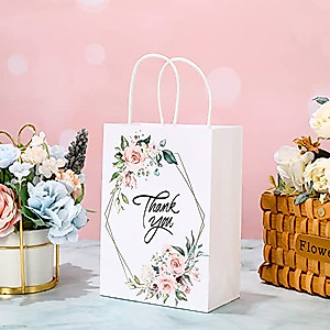 AnyDesign 16Pcs Thank You Gift Bags Floral Design Gift Bags with Handles White Kraft Paper Treat bags Wedding Small Paper Bags for Business Shopping Birthday Baby Shower Party Favors, 2 Designs