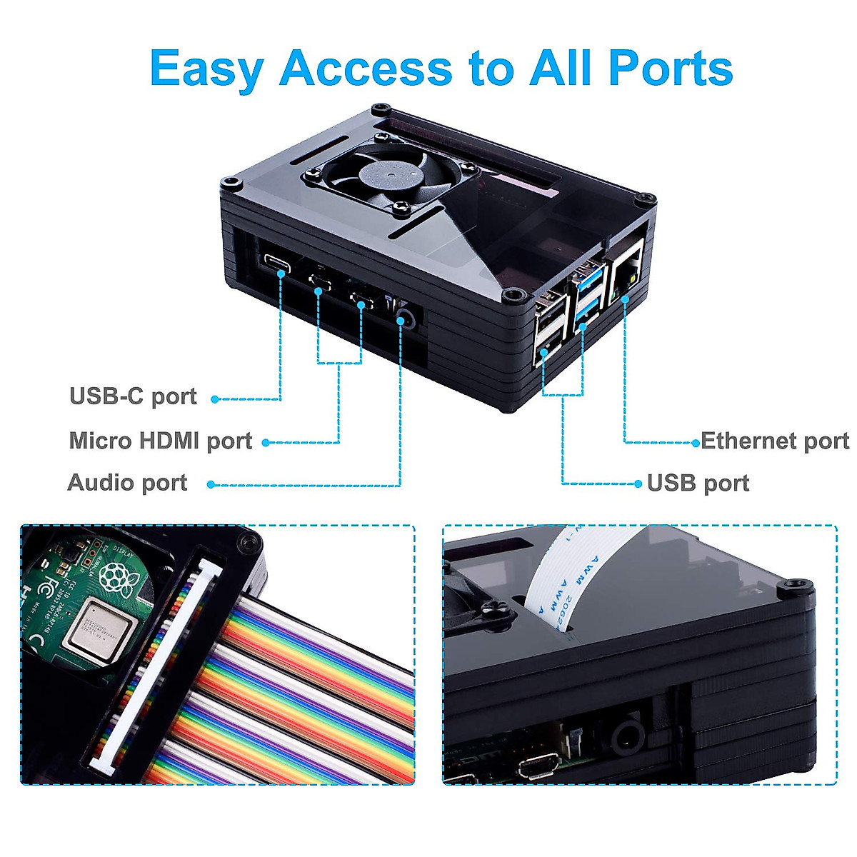 Miuzei Pi 4 B+ Case with Fan Cooling Pi 4B Case with 5V 3A USB-C Power Supply 4Pcs Heat-Sinks