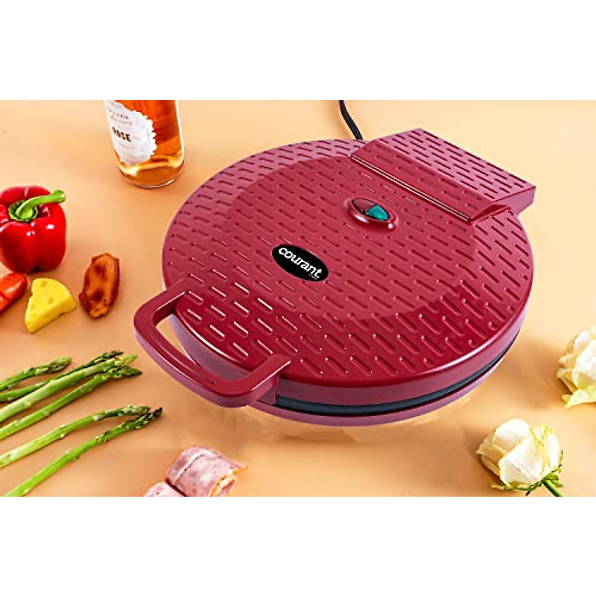 Courant Pizza Maker 12 inch Pizzas Machine, Newly improved Cool-touch Handle Non-Stick plates Pizza oven & Calzone Maker, Electric Countertop Oven for Home or School, 12” Indoor Grill/Griddle, Red