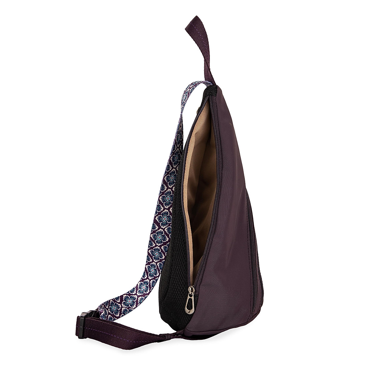 Sakroots On The Go Sling Backpack in Eco Twill, Adjustable Sling Strap, Aubergine