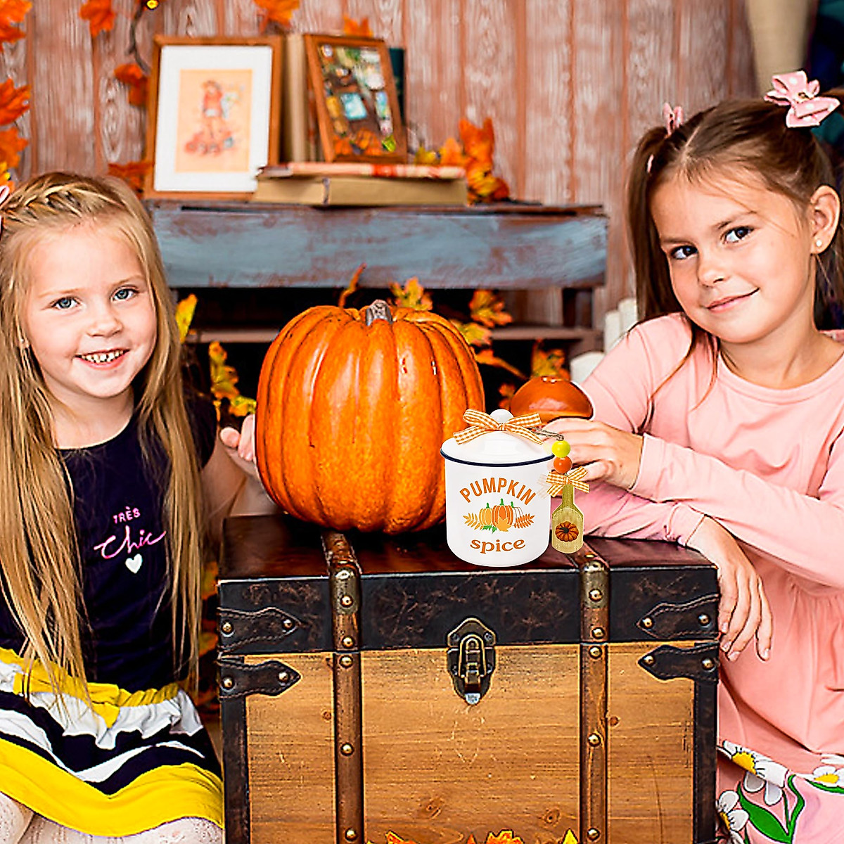 Fall decor - Pumpkin Spice Ceramic Canister with Wooden Beads Spoon Fall Decorations for Home Farmhouse Table Autumn Thanksgiving Tiered Tray, Candy Holder with Lid for Cookie Snacks House Warming