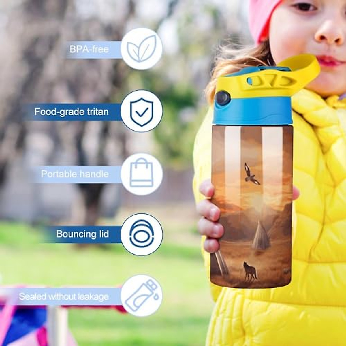 Stainless Steel Water Bottles Native American Tribes Travel Water Cups with Handle And Silicone Straw Drinking Cup with Leak Proof Lid Thermo Travel Mug for Women Men