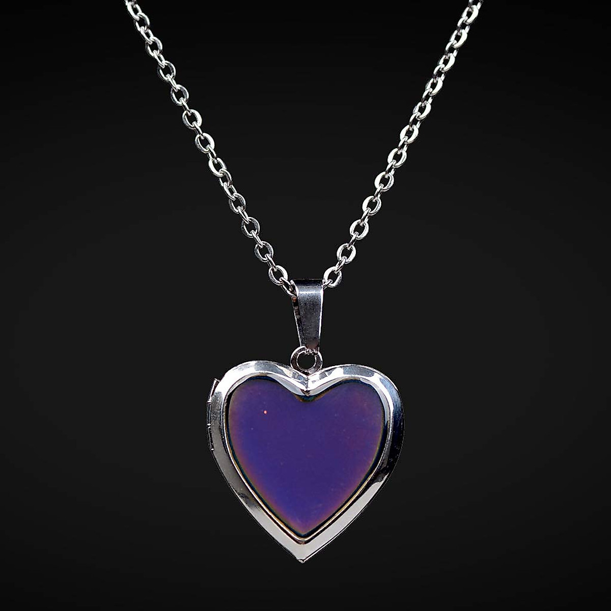 FM FM42 Temperature Sensing Color Changing Heart Openable Locket Pendant Necklace with 19.29" Stainless Steel Rolo Chain ZN1130