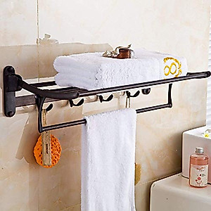 ELLO&ALLO Oil Rubbed Bronze Towel Racks for Bathroom Shelf with Foldable Towel Bar Holder and Hooks Wall Mounted Multifunctional Rack