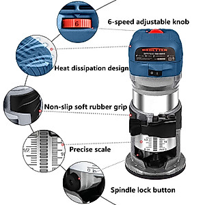 Dobetter 1.25HP Wood Router Tool, 6.5Amp Electric Trim Router, 6 Variable Speed Compact Palm Router Woodworking with 1/4" & 3/8" Collets, 12 Wood Router Bits and Portable Bag -DBTR700B