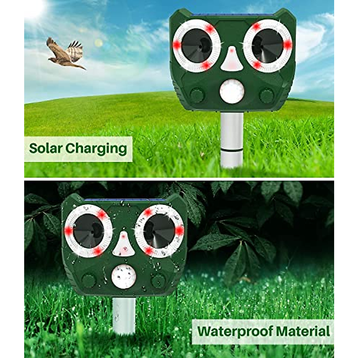 Solar Animal Repeller Ultrasonic Deer Repellent Devices Outdoor for Bird Skunk Rabbit Raccoon Cat Dog Fox, Waterproof Animal Deterrent with PIR Sensor Alarms Strobe Lights for Yard Farm Garden