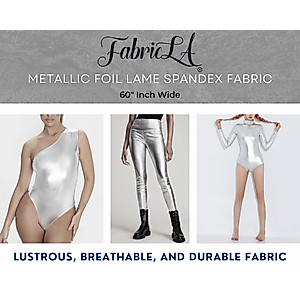 FabricLA | Silver Polyester Fabric | Metallic Foil Lame Spandex Material | 4-Way Stretch Knit Fabric | 60" Inches Wide | Polyester Fabric by The Yard for Dancewear, Costumes & Decoration - 1 Yard