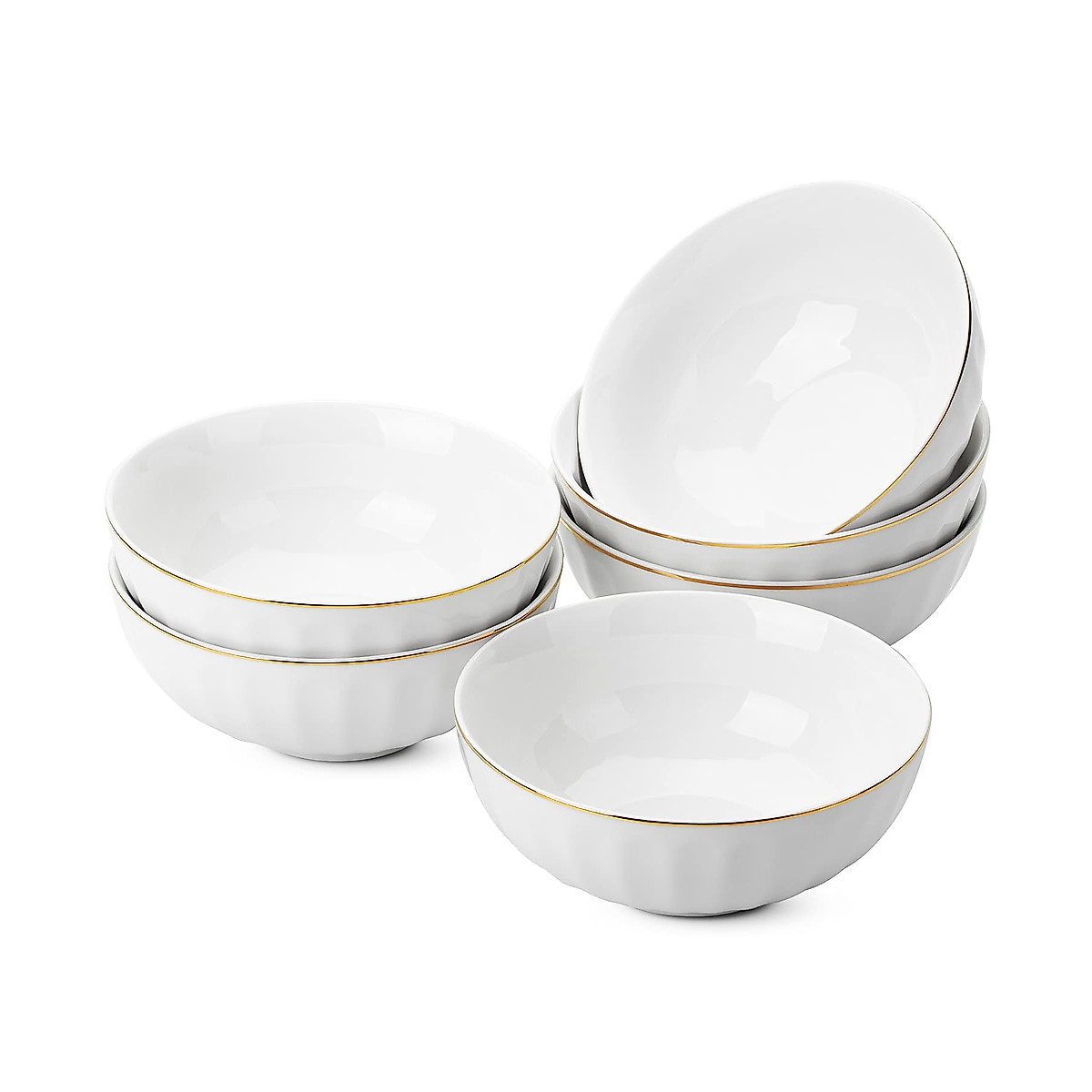 BTaT- White Porcelain Bowls with Gold Trim, 16 Ounces, Set of 6, White Bowls Set of 6, White Cereal Bowls, White Salad Bowls, Porcelain Cereal Bowls, Porcelain Soup Bowls, Deep Bowls