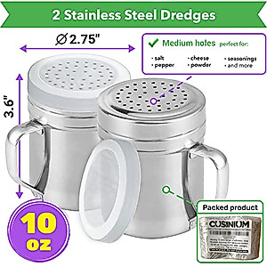 CUSINIUM Metal Salt Pepper Dredge Shakers - With Handle - Seasonings Spice Shakers With Holes and Lids - 10 Ounce, 2pcs