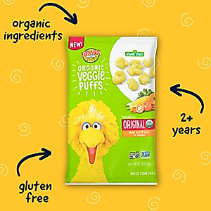 Earth's Best Organic Kids Snacks, Sesame Street Toddler Snacks, Organic Veggie Puffs, Gluten Free Snacks for Kids 2 Years and Older, Original, 1.55 oz Bag