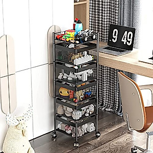 xinyourui Rotating Kitchen Storage Shelves Rack，Bathroom Organizer Metal Shelf，Fruit Basket for Kitchen，Rolling Cart with Wheels，Spice Drawer Organizer(Black, 5 Tier-Square)