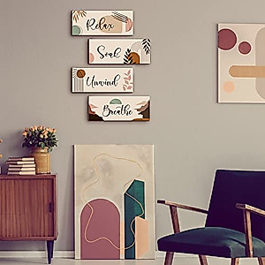 4 Pcs Boho Bathroom Decor Relax Soak Unwind Breathe Sign Bathroom Wall Arts Decor Boho Bathroom Wooden Wall Decor Rustic Farmhouse Bathroom Wall Decor Paintings for Home Washroom, 9.84 x 3.94 Inch