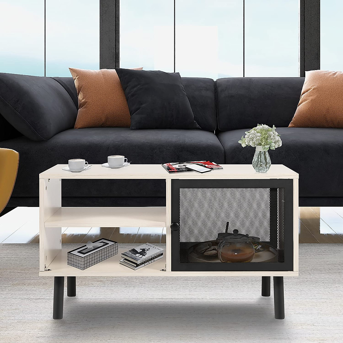 LTMEUTY Coffee Table for Living Room, Mid-Century Modern Coffee Table with Double Mesh Doors & Open Storage Shelves, Wood and Metal Cocktail Table, Accent Furniture, White Wood Grain