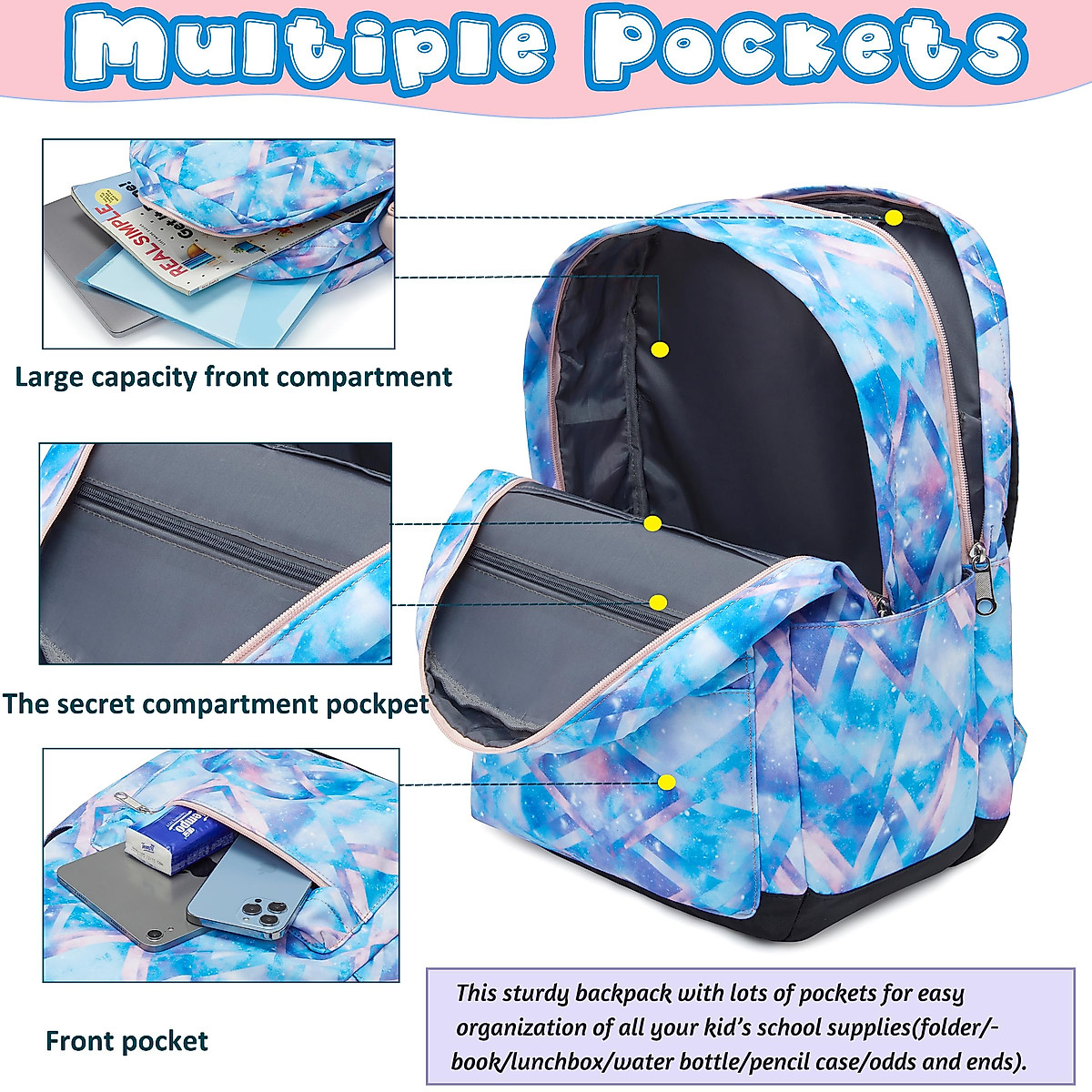 BLUEFAIRY Middle School Backpacks for Girls Teens Ages 8-10 Galaxy Backpack High School Bags Padded Straps Large Book Bag Bookbag for Teenagers Blue 17"