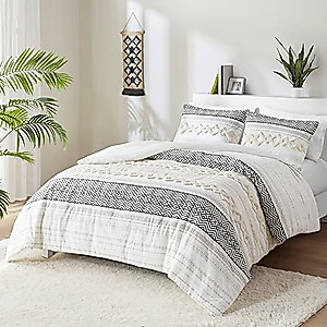 Hyde Lane Farmhouse Bedding Comforter Sets King, Ivory Boho Bed Set ,Cotton Top with Modern Neutral Style Clipped Jacquard Stripes, 3-Pieces Including Matching Pillow Shams (104x90 Inches)