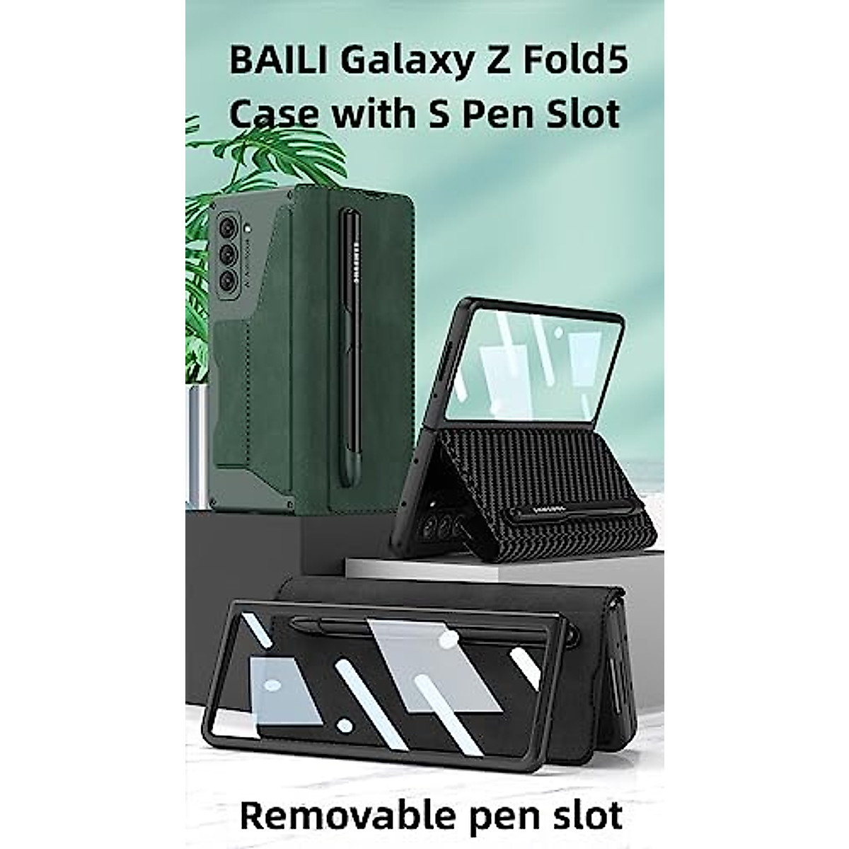 BAILI Galaxy Z Fold 5 Case with S Pen Slot,Galaxy Z Fold5 Flip Holster with HD Screen Film and Attached Card Slot,Instantly Converts Into Phone Bracket Cover for Samsung Z Fold 5-Carbon Fiber Black