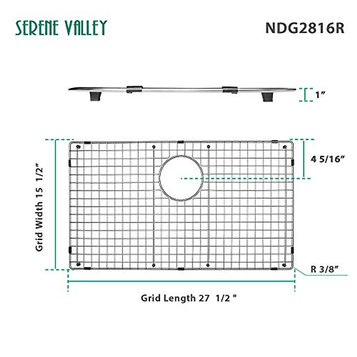 Serene Valley Sink Bottom Grid 27-1/2" x 15-1/2", Rear Drain with Corner Radius 3/16", Kitchen Sink Grid NDG2816R