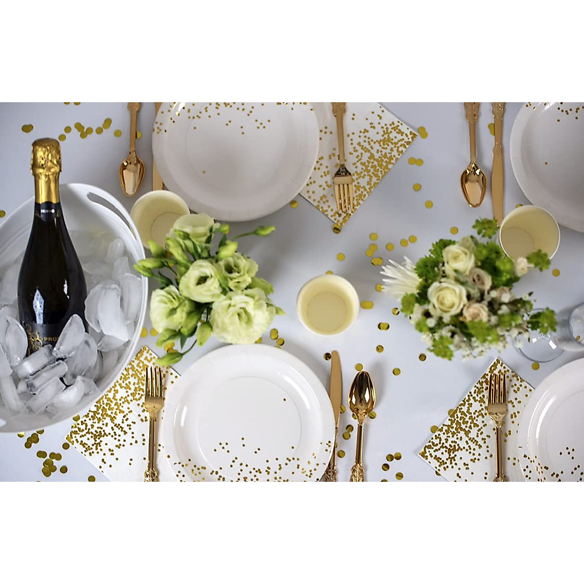 Party Chic 50 Count 7” Inch White and Gold Paper Plates Fancy Paper Plate Dessert Plates New Years Disposable Plates 50th Anniversary Thanksgiving Christmas Holiday