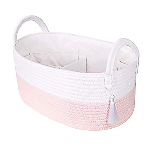 Emmy Baby Co. Rope Diaper Caddy Organizer - Large Nursery Storage Bin - Car Organizer - Baby Shower Basket - with 8 Pockets and Removable Dividers - Pale Blush Pink