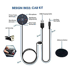 Besign Bluetooth 4.1 Car Kit for Handsfree Talking and Music Streaming, Wireless Audio Receiver with Dual Port USB Car Charger and Ground Loop Noise Isolator for Car with 3.5mm AUX Input Port