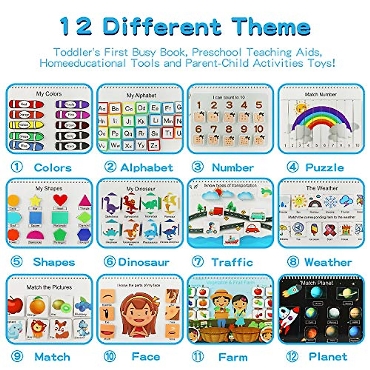 Busy Book for Kids, Montessori Toys for Toddlers, Autism Sensory Educational Toys, 12 Pages Toddler Preschool Activity Binder and Early Learning Toys Book - for Boys & Girls Develops Fine Motor Skills