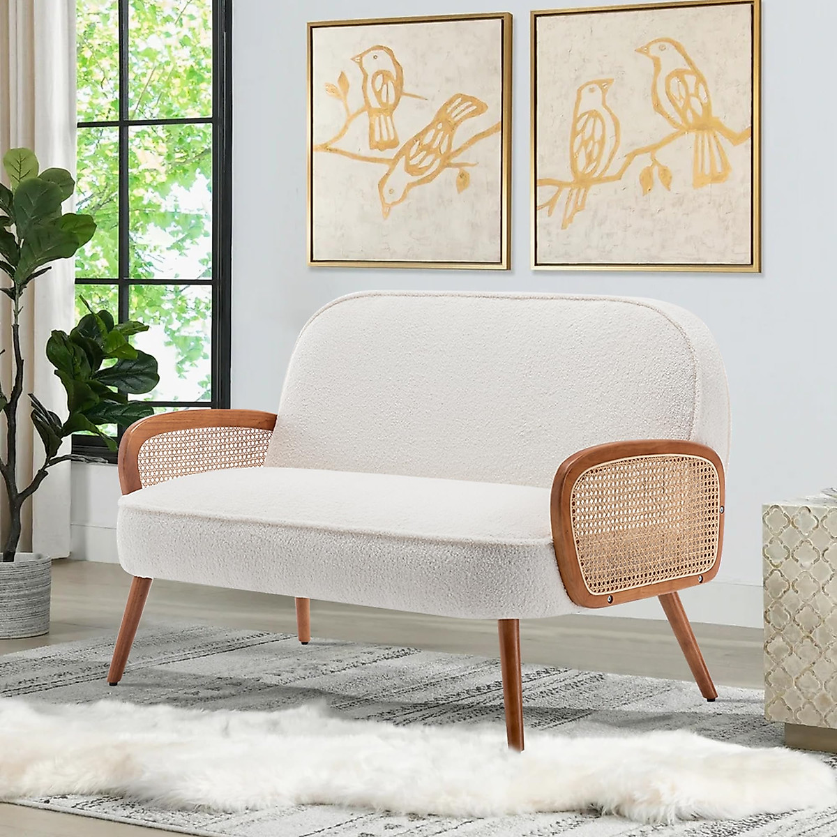 WENTMENT Loveseat Sofa Small Couch for Living Room Teddy Love Seat with Natural Rattan Armrest and Solid Wooden Legs Small Sofa for Small Space, Bedroom, Apartment（White）