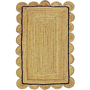 Casavani Scalloped Collection Rectangular Area Trend Rug - 4' x 6', Beige and Yellow, Braided Jute Rug With Scallop Design Ideal for High Traffic Areas in Entryway, Living Room, Bedroom