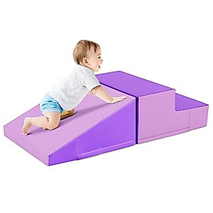Costzon Climb and Crawl Foam Play Set, Soft Foam Toddler Stairs and Ramp Climber Gym Toy, 2-Piece Educational Play Set for Babies & Toddlers - Great for Climbing, Sliding (Pink)