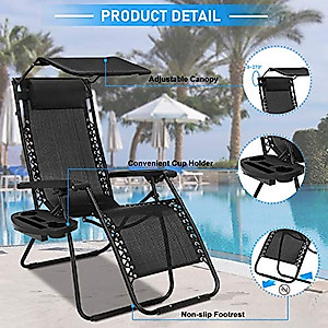 Zero Gravity Chair, 2 Pack Patio Lounge Chair Folding Outdoor Indoor Adjustable Backyard Recliner Chair Chaise with Cup Holder Tray and Canopy Shade for Pool, Beach, Lawn, Deck, Camping - Black