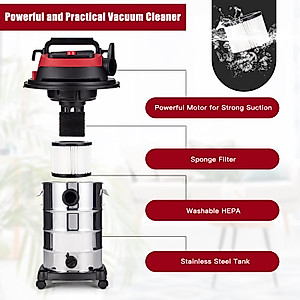 COSTWAY 3-in-1 Wet/Dry Vacuum Cleaner with Blower, 9-Gallon 6 Peak HP Vacuum with Stainless Tank, Flexible Wheels, Portable Shop Vacuum Cleaner for Workshop, Car, Garage, Home, 1200W
