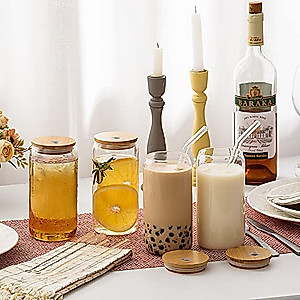 Drinking Glasses with Bamboo Lids and Glass Straw 4pcs Set - 16oz Can Shaped Glass Cups, Iced Coffee Glasses, Beer Glasses, Cute Reusable Bottle, Ideal for Whiskey, Tea, Gift - 2 Cleaning Brushes