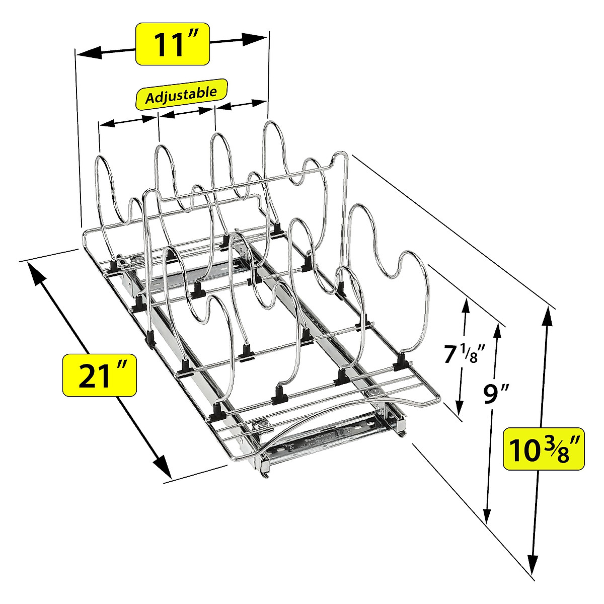 Lynk Professional® Pot and Pan Organizer for Cabinet - Pull Out Pan Organizer Rack - Slide Out Pans and Pots Lid Holder - Under Cabinet Kitchen Organization and Storage - 11" Wide x 21" Deep - Chrome