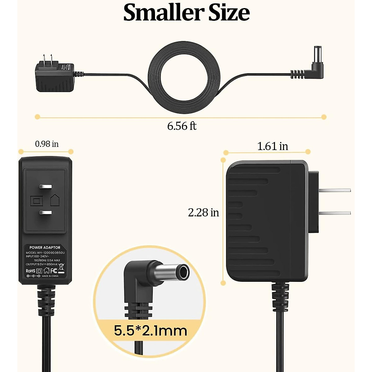 9V 850mA Adapter for Guitar Pedals Power Supply, Power Cord for BOSS Effects Pedal Roland Musical Instruments Distortion Casio Keyboard Charger, PSA-120S Center Negative Charging Cable Cord