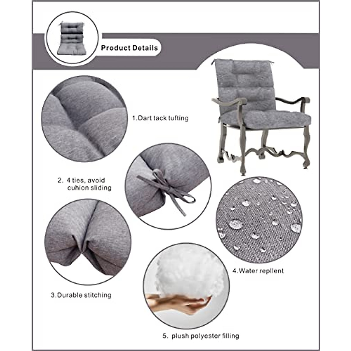 BOSSIMA Outdoor Patio High Back Lawn Chair Cushions Tufted Square Corner, Set of 2,Charcoal Grey