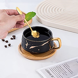 Jusalpha 10 oz Golden Hand Print Tea Cup And Saucer Set/Coffee Cup And Bamboo Saucer Set TCS19 (Black)