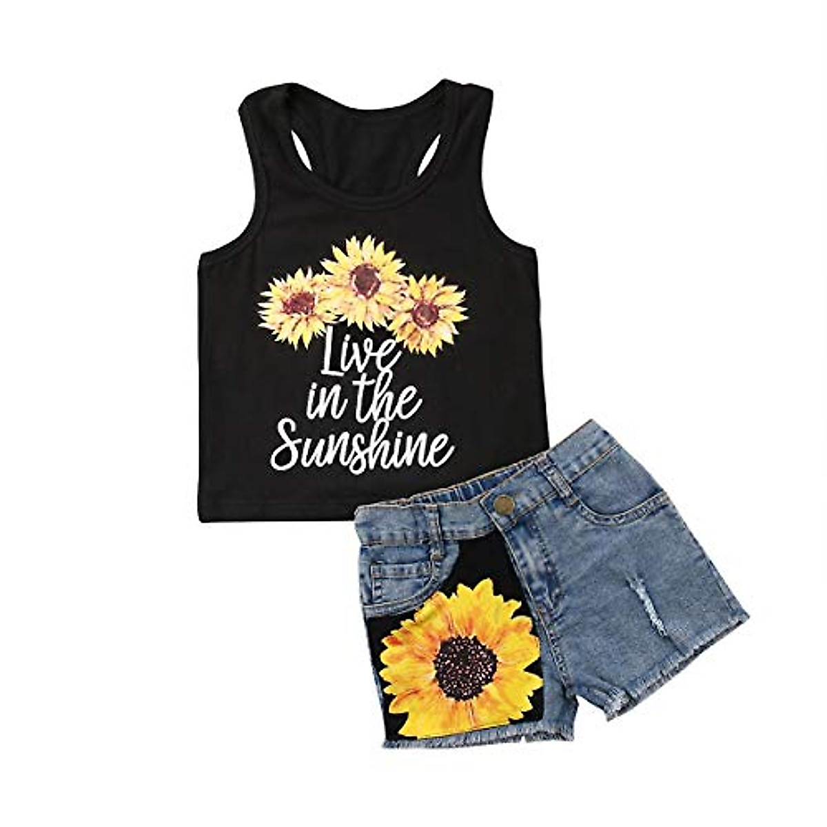 2pcs/Set Toddler Kids Baby Girl Sleeveless Floral T-Shirt Top Sunflower Denim Jeans Shorts Outfits 1-8T (Black a, 7-8 Years)
