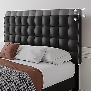 iPormis Full Size Platform Bed Frame, Faux Leather Upholstered Bed Frame with Square Tufted Headboard, Wood Slats Support, No Box Spring Needed, Easy Assembly, Black