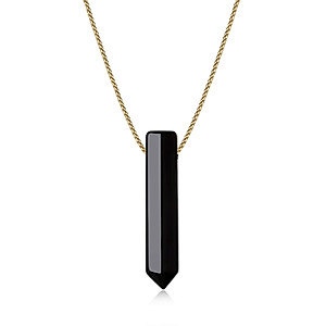 COAI Gemstone Black Obsidian Genuine Stone Hexagonal Pointed Pendant Necklace