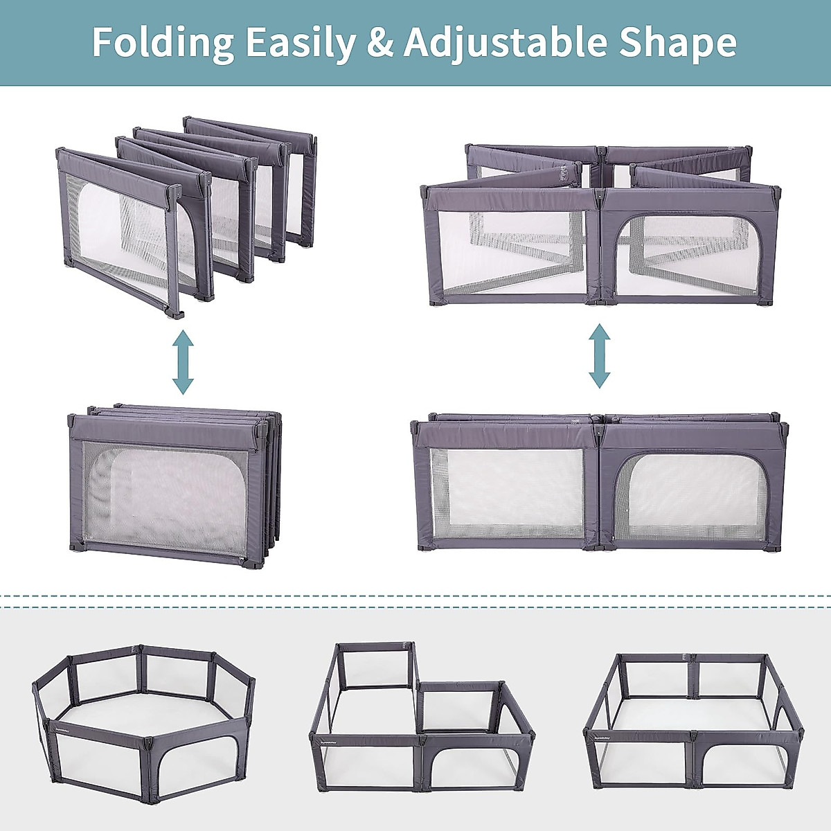 Doradotey Baby Playpen, Shape Adjustable Large & Small Baby Playard for Babies and Toddlers, Foldable Playpen Baby Fence Indoors Play Center Yards, Breathable Mesh Anti-Fall Play Pens(71x79 Deep Grey)