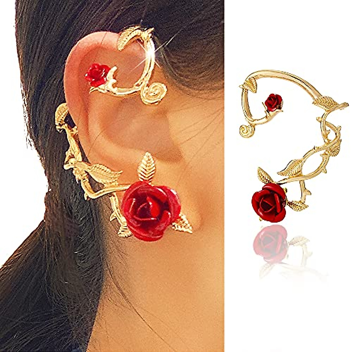 Retro Rose Flower Climbers Crawler Jacket Earrings Sparkly Metal Left Ear Cuff Wrap Clip Stud Earring for Women Fashion Jewelry 1 PC (Gold)